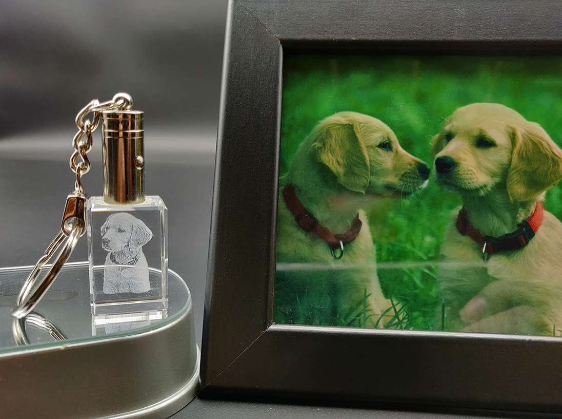 3D Crystal Keychain with blue Led Light - Laser Crystal Engraving