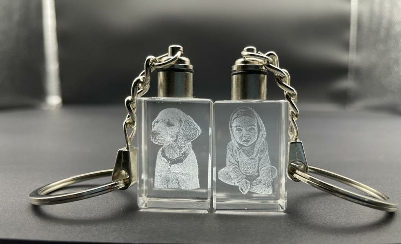 3D Crystal Keychain with blue Led Light - Laser Crystal Engraving